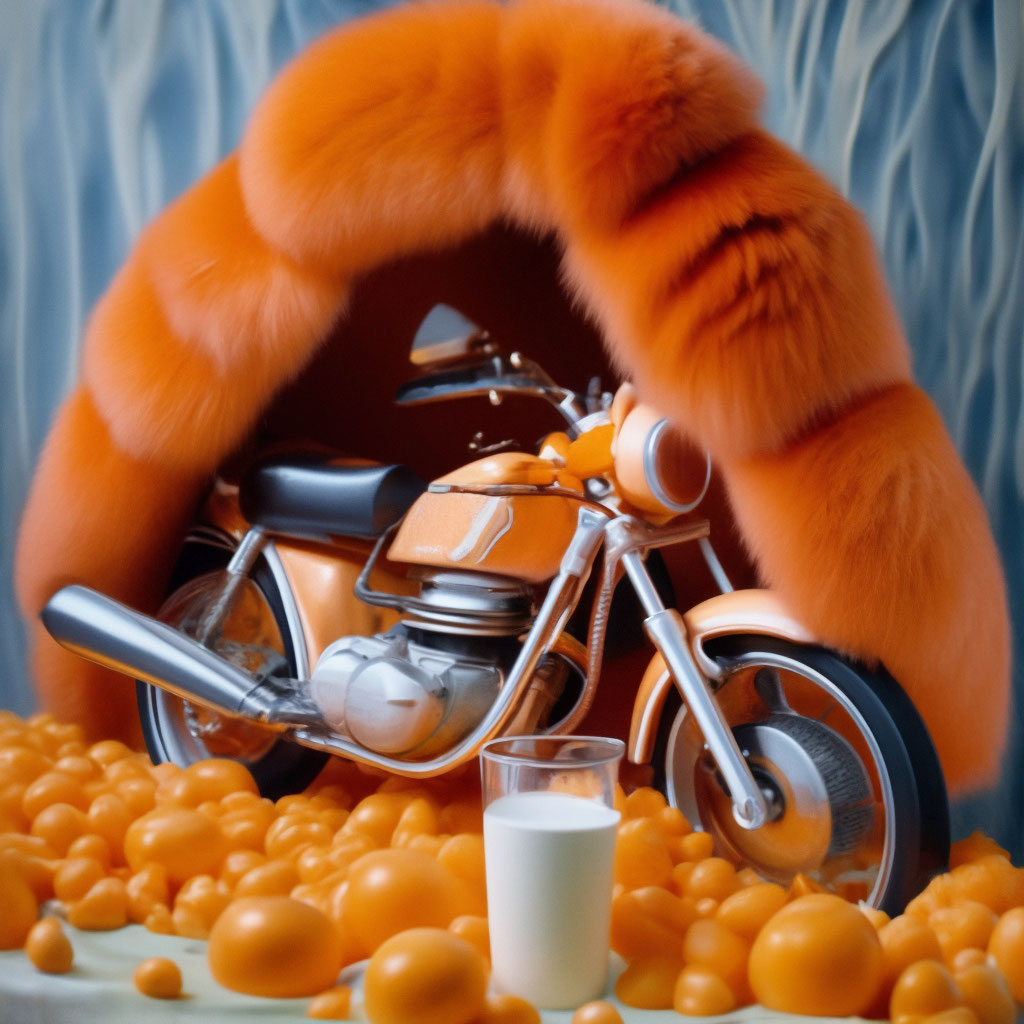 "Motorcycle in milk under an orange fur coat" — image created in Shedevrum