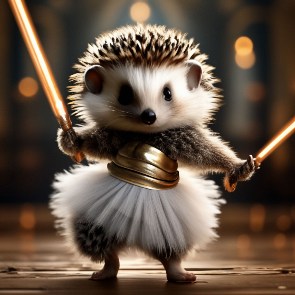"Hedgehog in a tutu dancing ballet dance with sabers" — image created ...