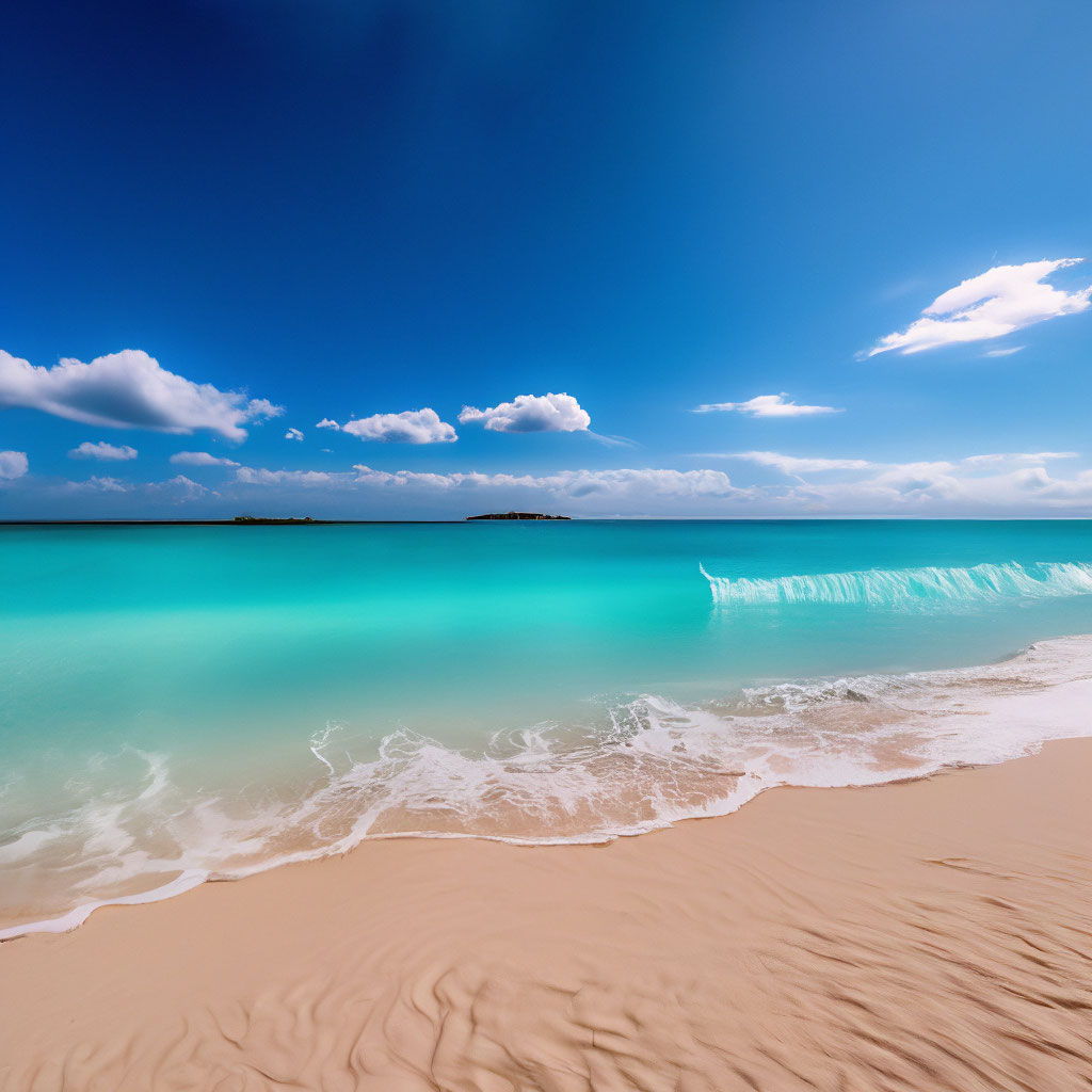 "Sandy beach turquoise ocean water, frontal view from the shore ...