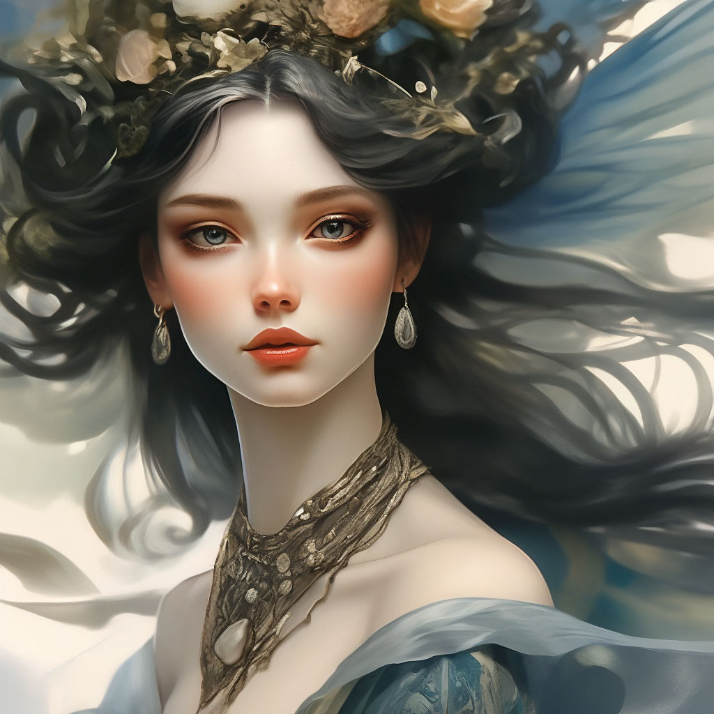 "Wind fairy, huge expressive eyes, watercolor, fine ink drawing ...
