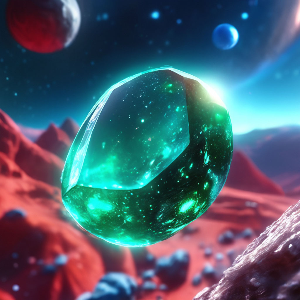 "Space Pebble space emerald, flying in space, on the background of a ...