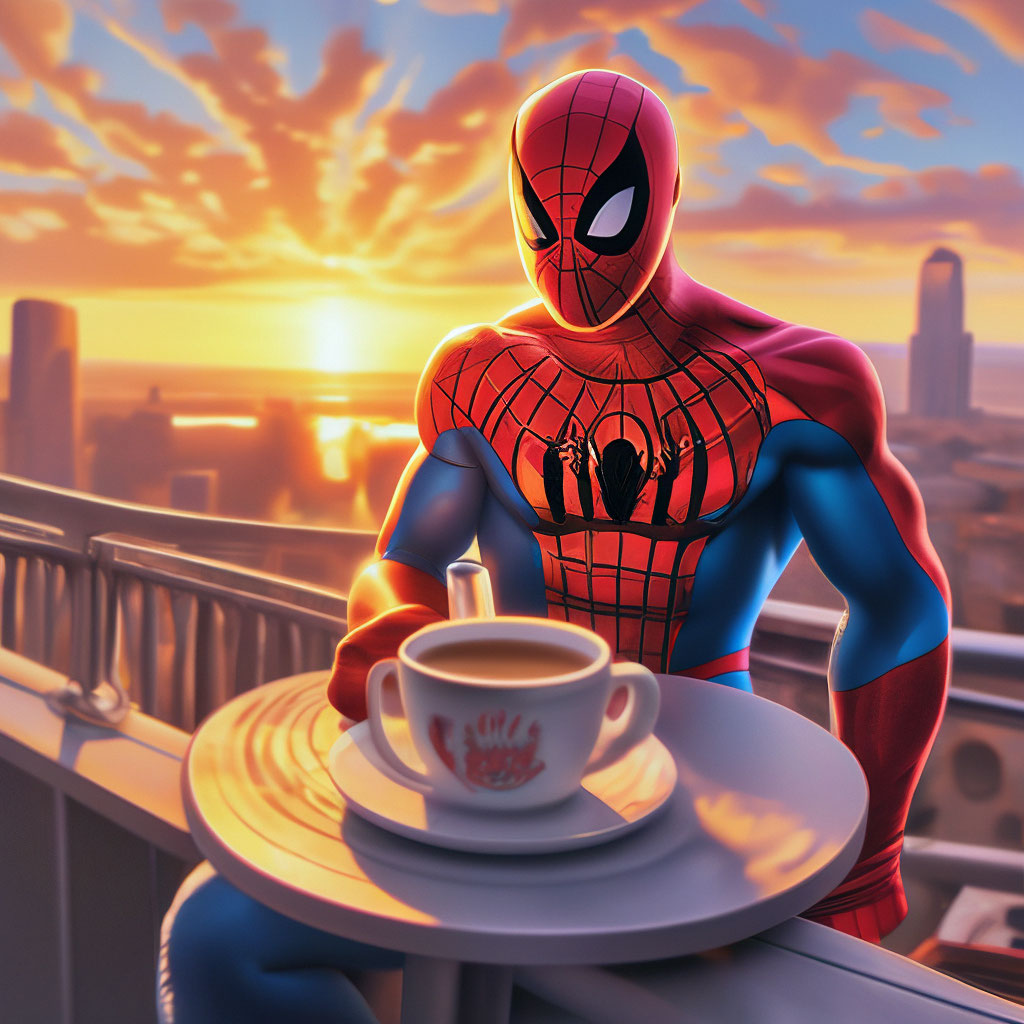 "Sunrise spider-man with coffee" — image created in Shedevrum