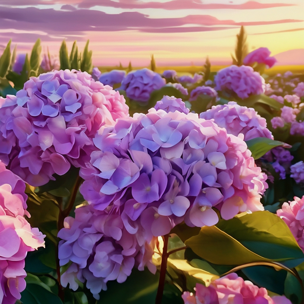 "Field of lilac and pink large-leaved hydrangeas, fields, meadows ...