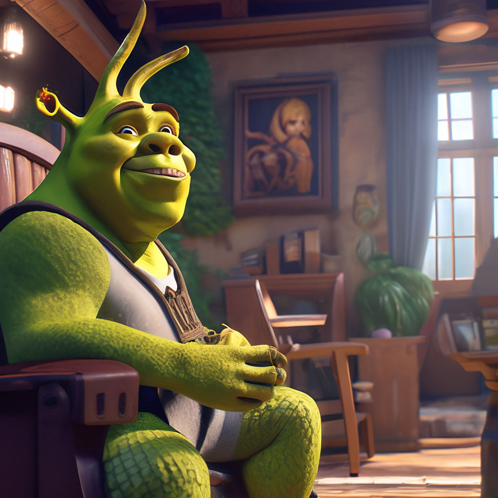 "Shrek is sitting in a hunter's house, on a rocking chair, a donkey's ...