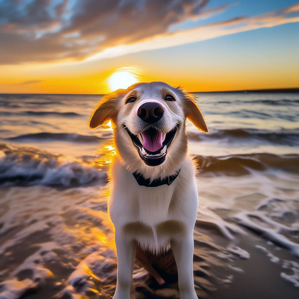 "Smiling dog, sunset on the sea, professional photo" — image created in ...