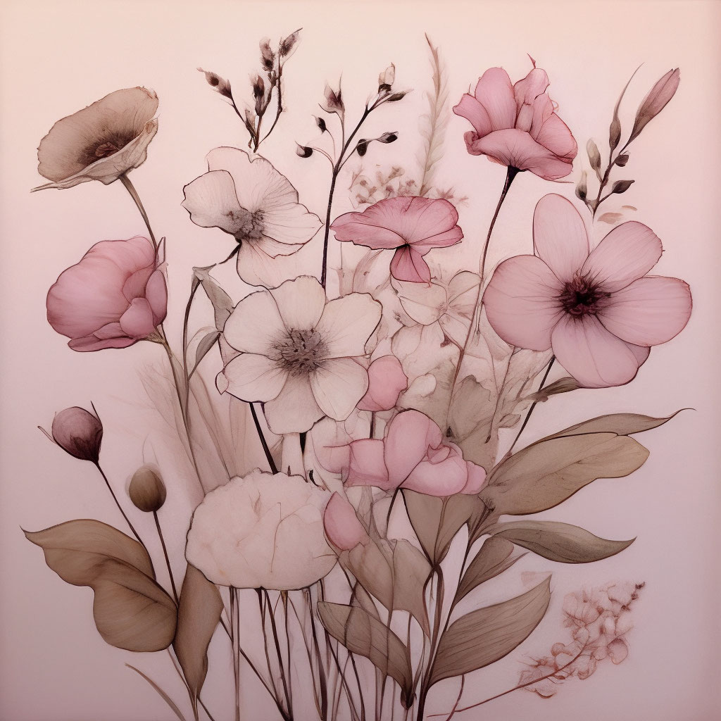 "Wildflowers delicate drawing fine lines delicate contour pale matte ...