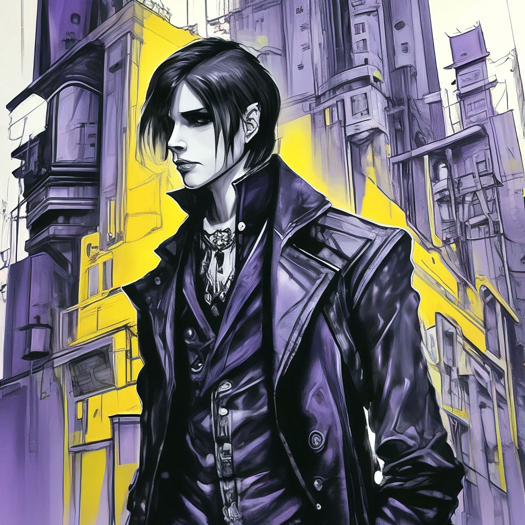 "Classic goth in a mechanical city, detailed character drawing, clear ...