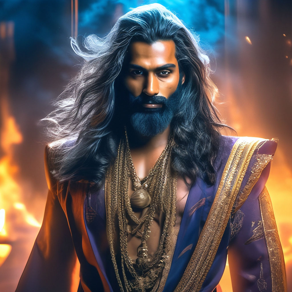"A powerful mystical Shukra man with long beautiful hair and a dark ...