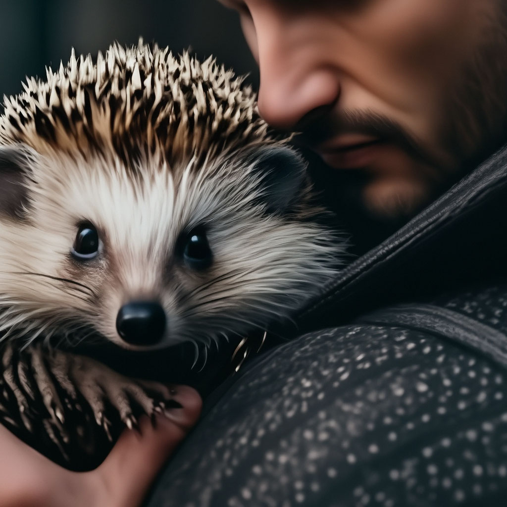 "The hedgehog is lying on the man's shoulder.The man gently bowed his ...