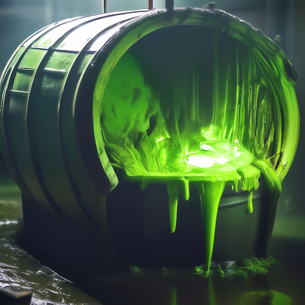 "Green radioactive sludge in a barrel" — image created in Shedevrum