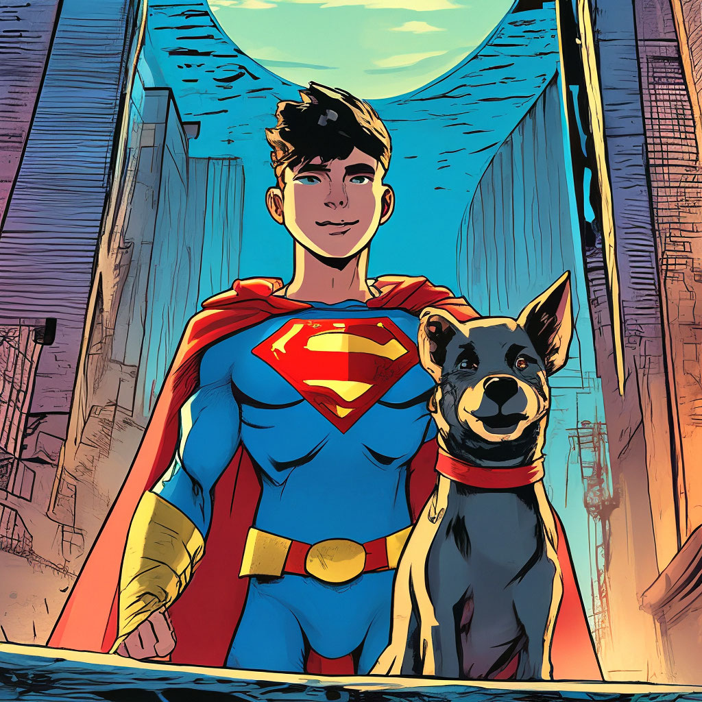 "Superboy and the dog crypto comics style" — image created in Shedevrum