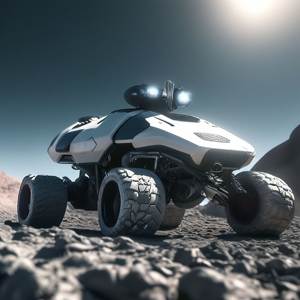 "An unmanned rover is slowly driving on a gray rocky lifeless planet ...