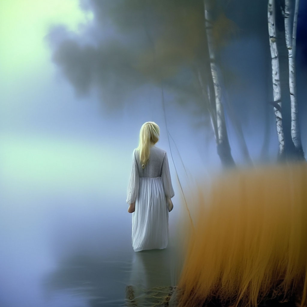 "Lake, fog, sandy shore, reeds, trees, a very beautiful, blond girl ...
