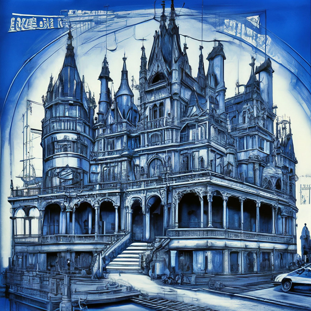 "Drawing, blue background, white outline, gothic mansion with X-ray of ...