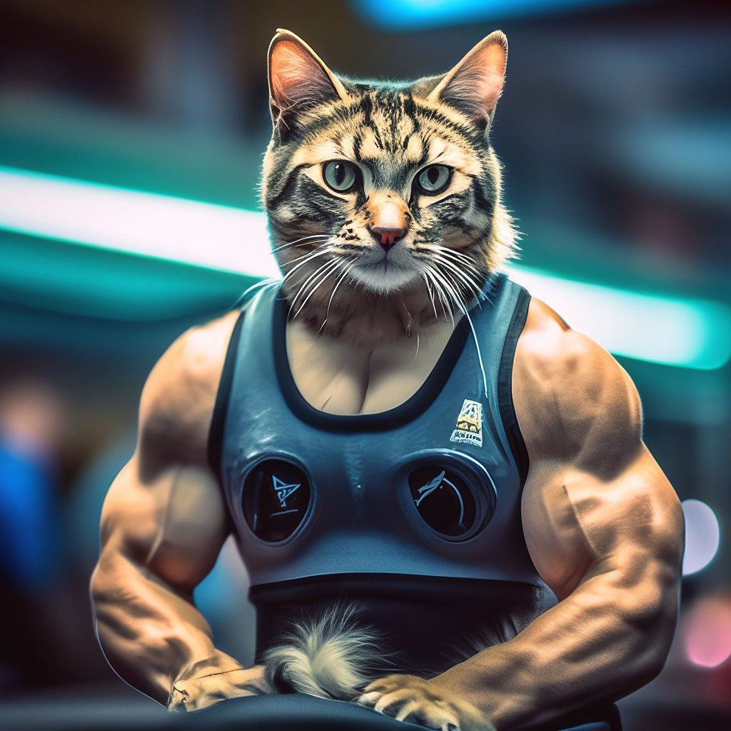 "A jock cat with muscles" — image created in Shedevrum