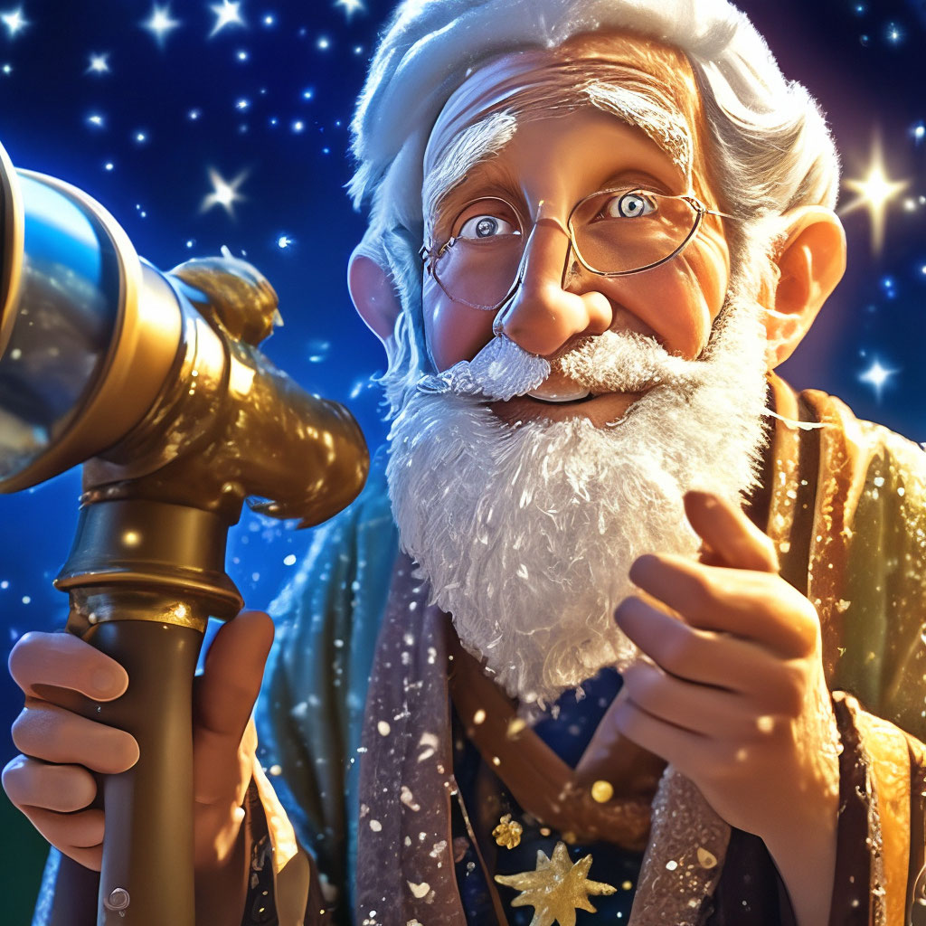 "Medieval magical old man cartoon stargazer looks through a telescope ...