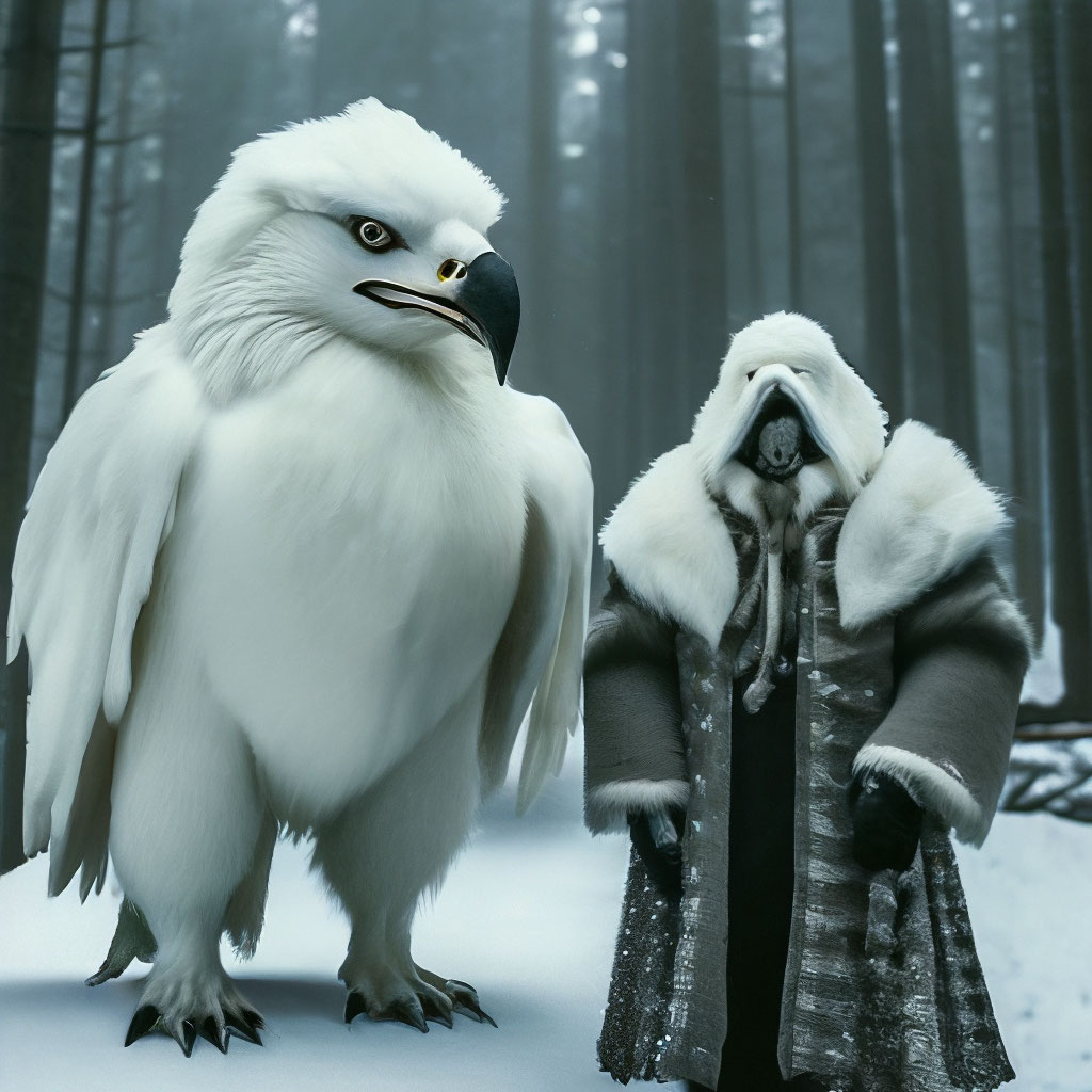 "A giant white human-like mutant bird covered with a huge amount of fur ...