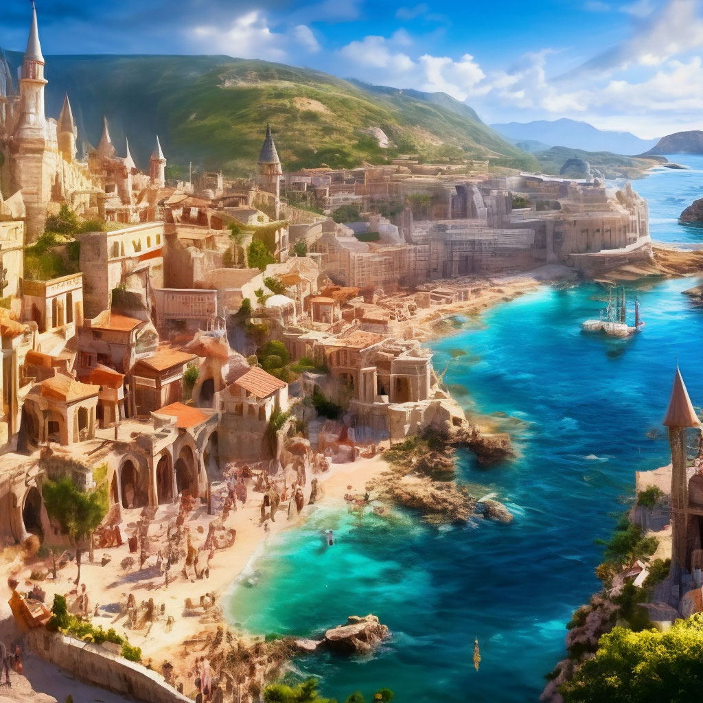 "Professional photo, close-up, panoramic view of a fairy seaside town ...