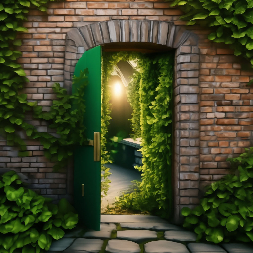 "An open green door in a brick wall, ivy curls, leads to a fabulous ...