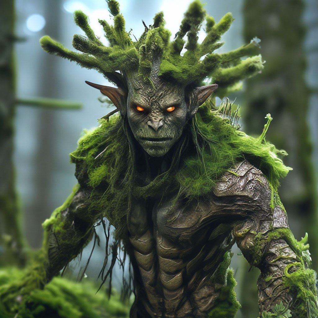 "Mutant man, tree man, covered with moss and fir cones, goblin, full ...