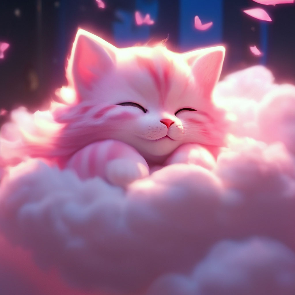 "A very cute and charming fluffy pink cat, sleeping on a fluffy light ...
