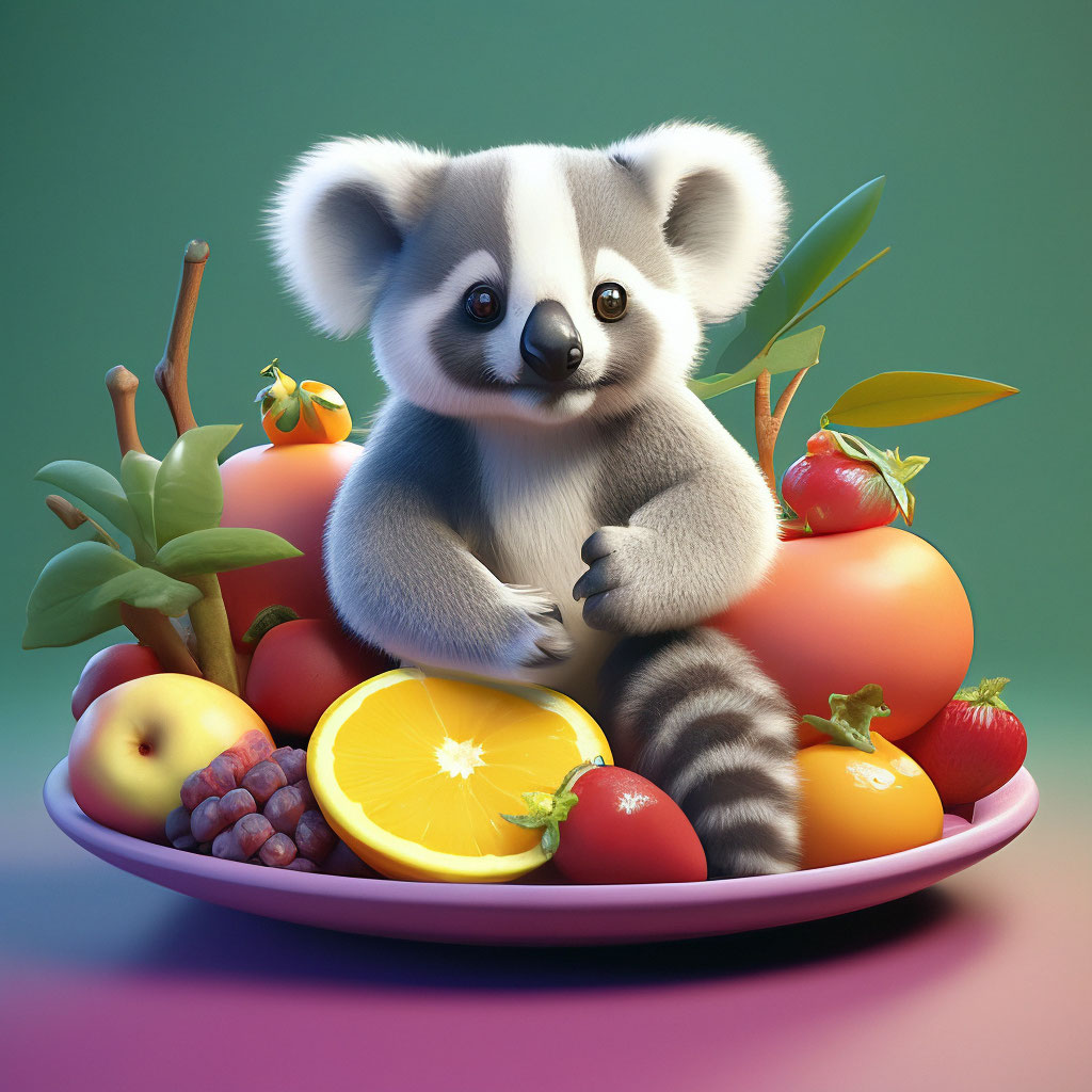 "Hybrid koala+red panda+sloth +lemur+kitten, watercolor eating fruit ...