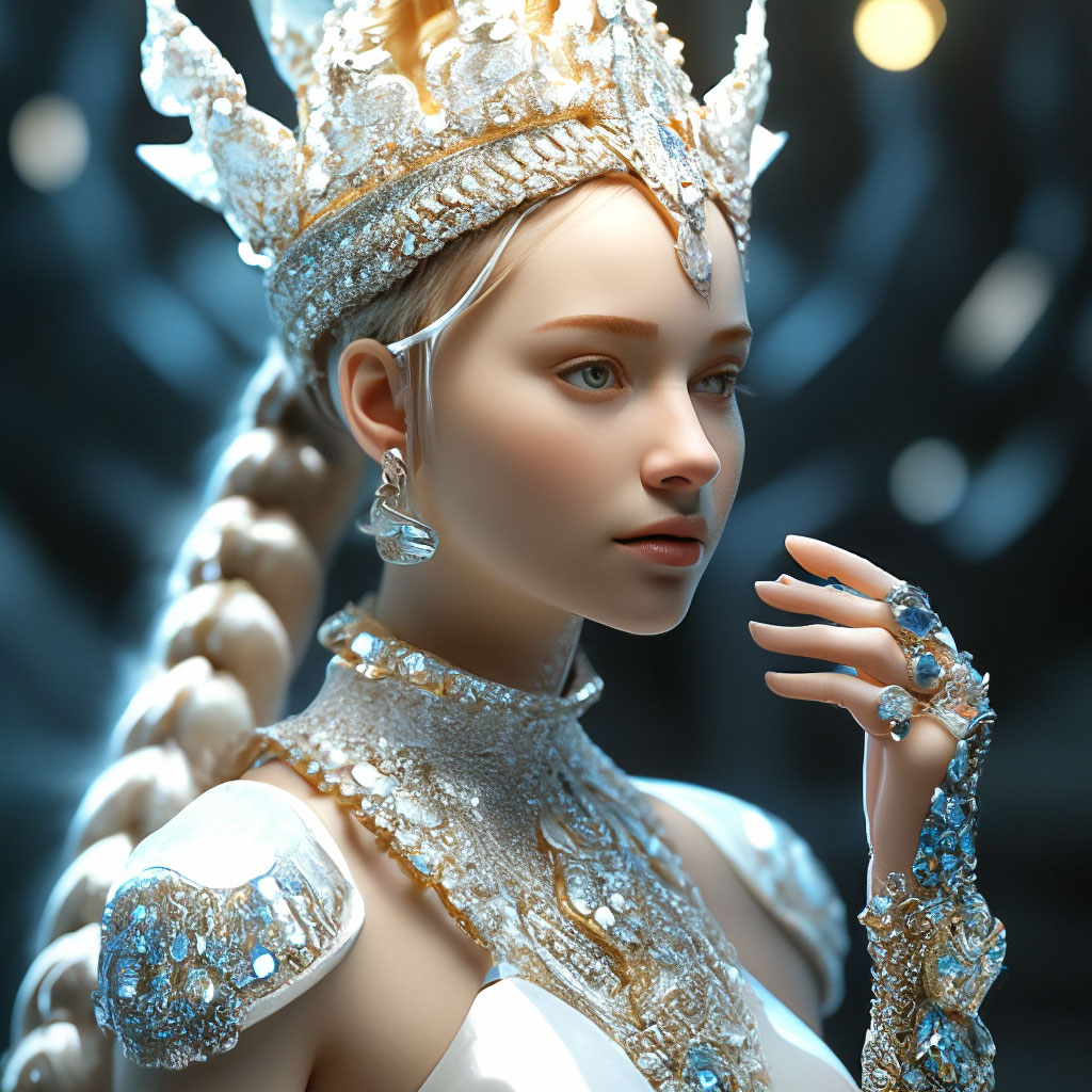 "Biomechanics, crystal, diamonds, a girl in a crown with a blonde braid ...