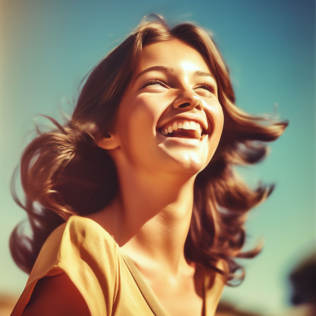 "Beautiful girl, enthusiastic facial expression, sunny clear day ...