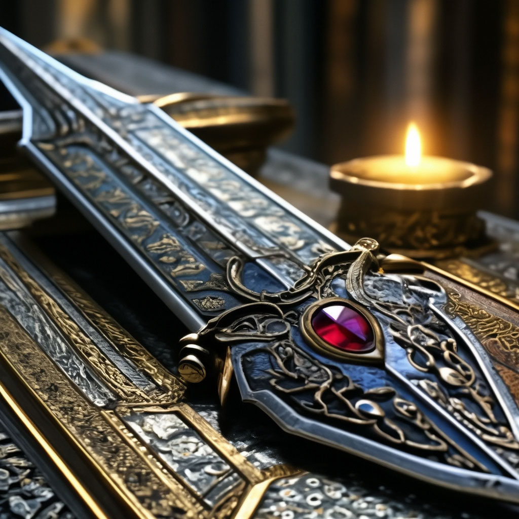 "Dwemer weapons lie on the sarcophagus, an epic sword with filigree ...