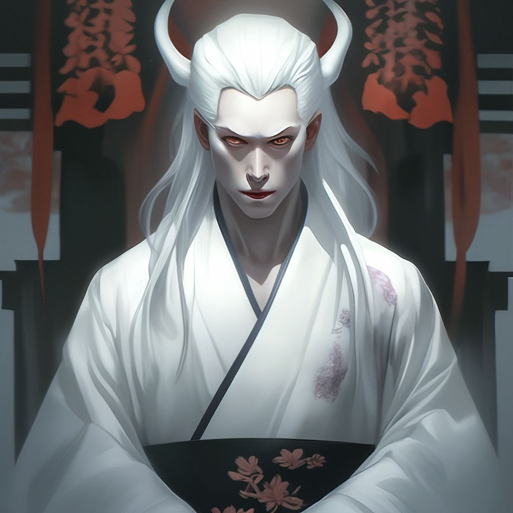 "Strict man with white hair, porcelain skin and white eyes, in a white ...