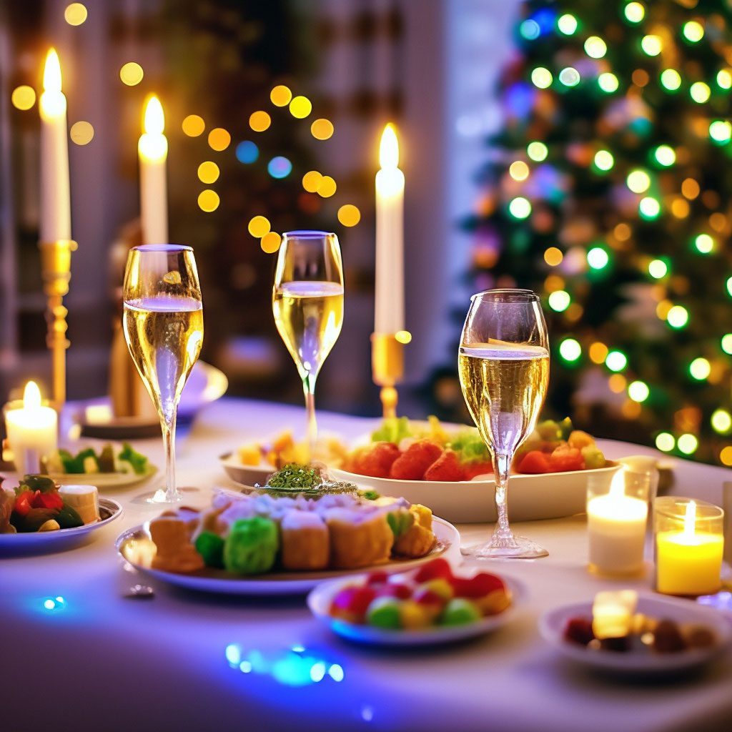 "New year, beautiful delicious dishes on the festive table, champagne ...