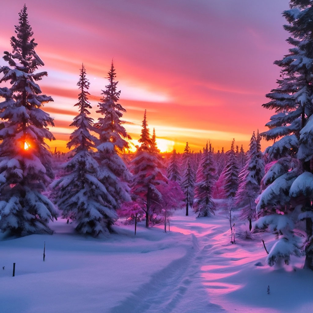 "Coral - orange winter sunset, snowy forest steppe, pink- purple shades ...