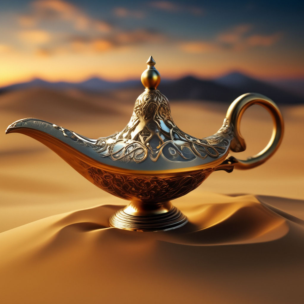"Aladdin's Lamp Aladdin's golden lamp in the sands hyperrealism, aura ...
