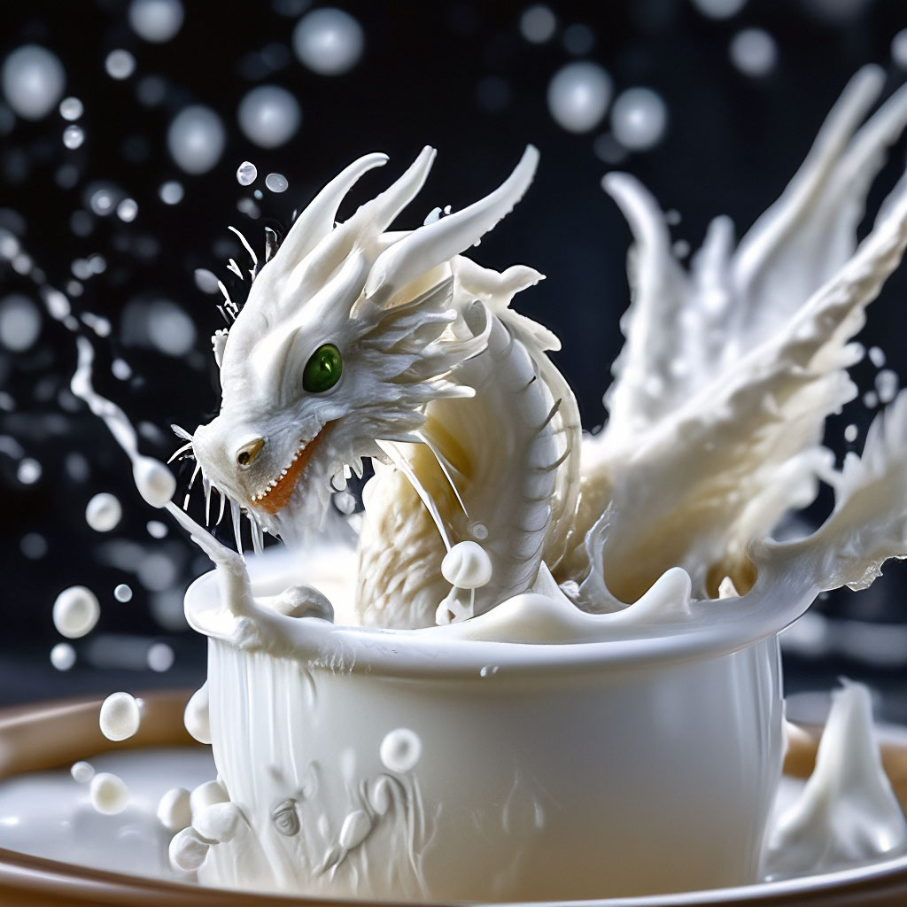 "Milk dragon, milk in the shape of a dragon, filigree, liquid milk ...