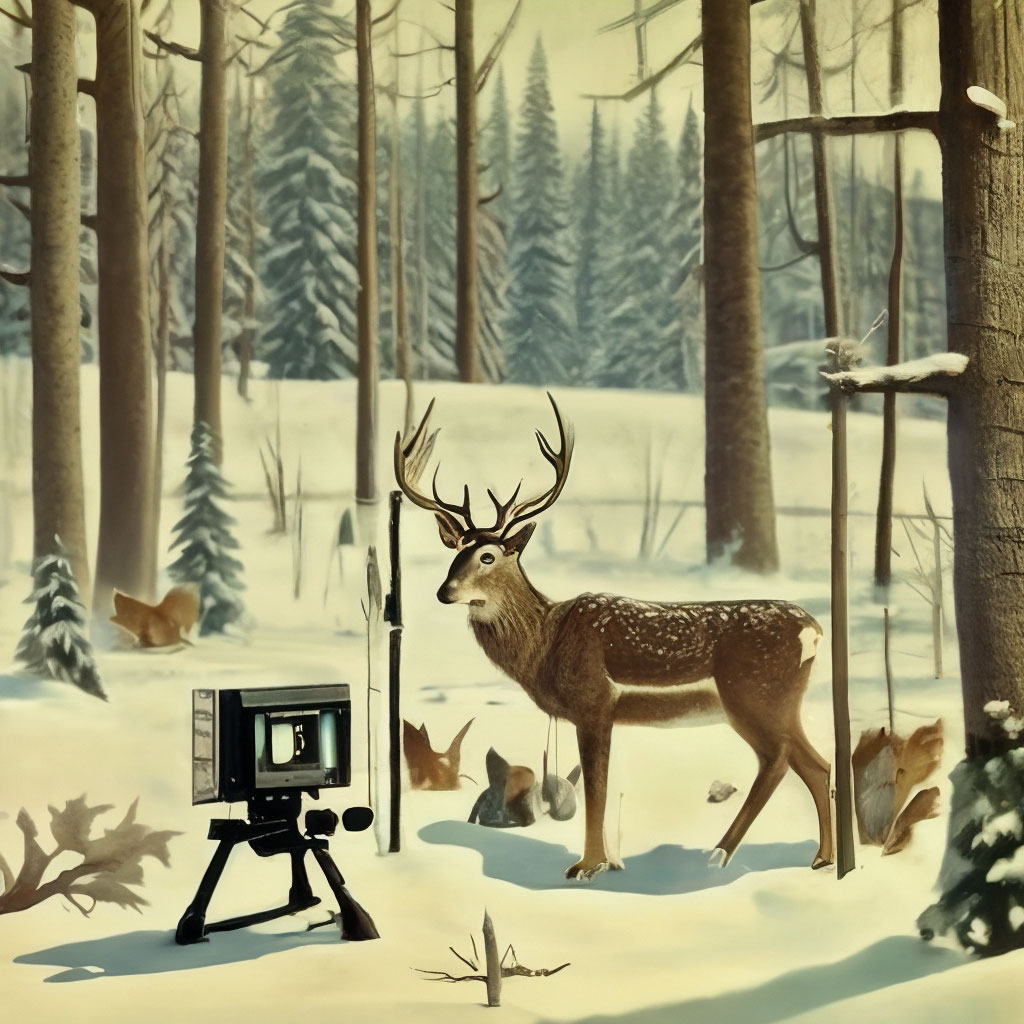 "A forest camera trap that caught winter animals" — image created in ...
