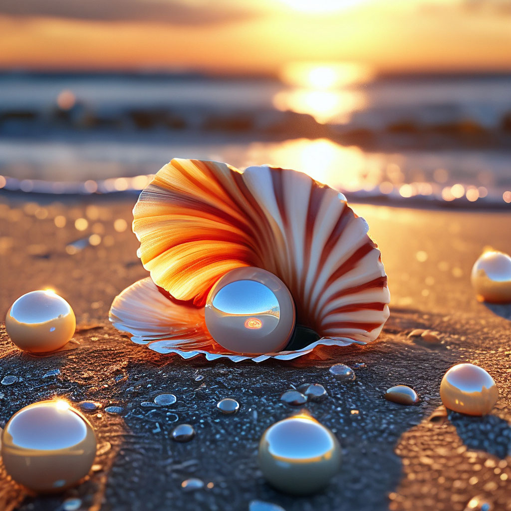 "Shell on the seashore, with pearls, in the rays of the setting sun ...