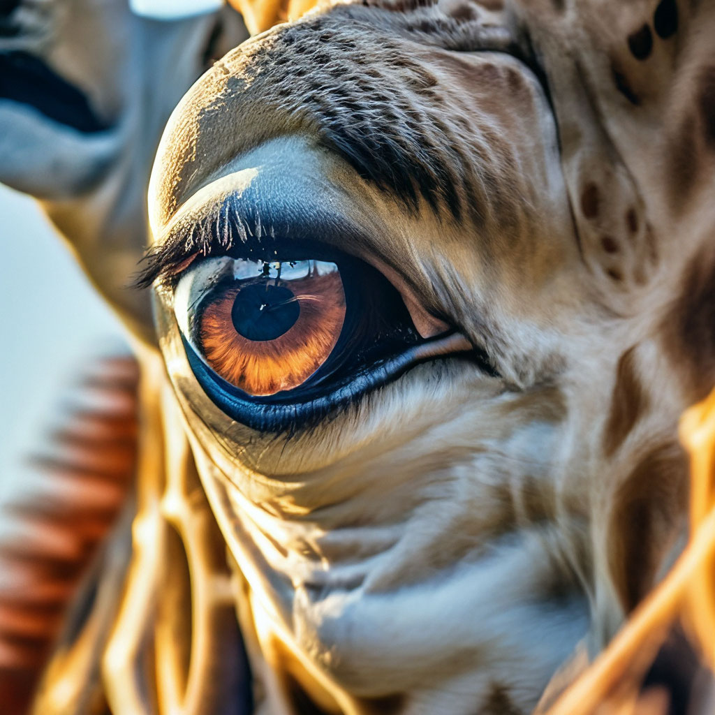 "Giraffe, eye focus, big scared eyes, macro photography, front angle ...