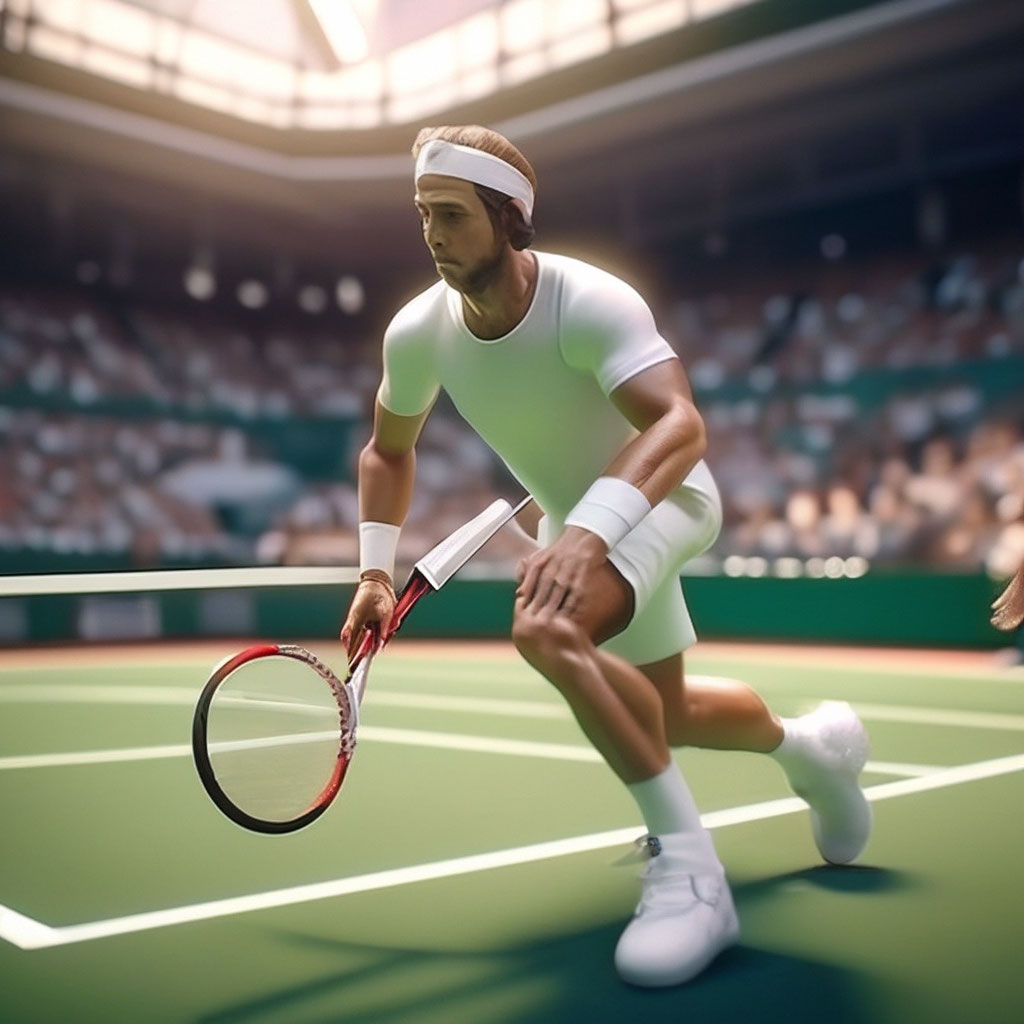 "Tennis player on the court. Beautiful movements. Muscles are playing ...