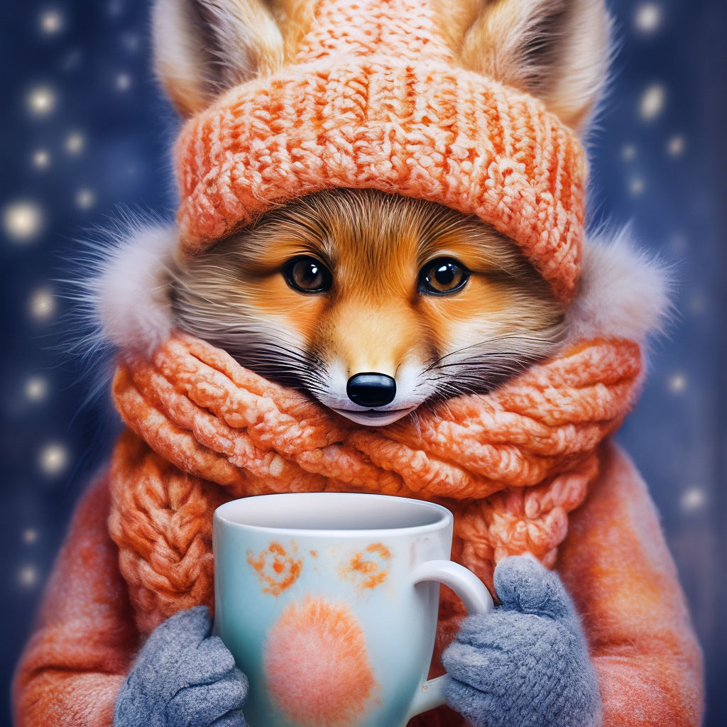 "Good morning 🌲☕ A cute little fox cub in the morning with a cup of ...