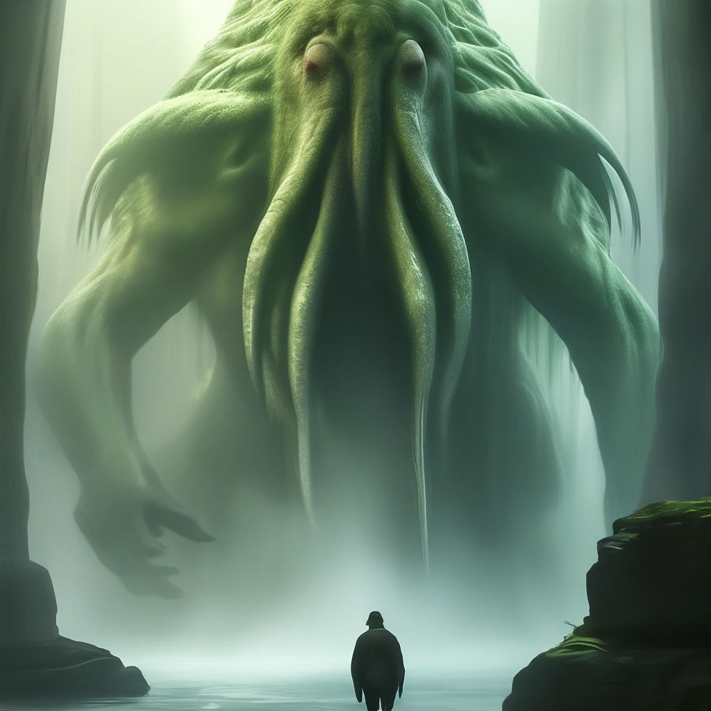 "Huge-giant-ancient monster Cthulhu stands under a waterfall and looks ...