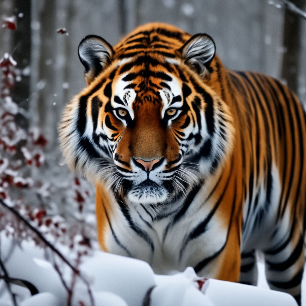 "Far Eastern tiger in nature, among the trees of a snow-covered forest ...