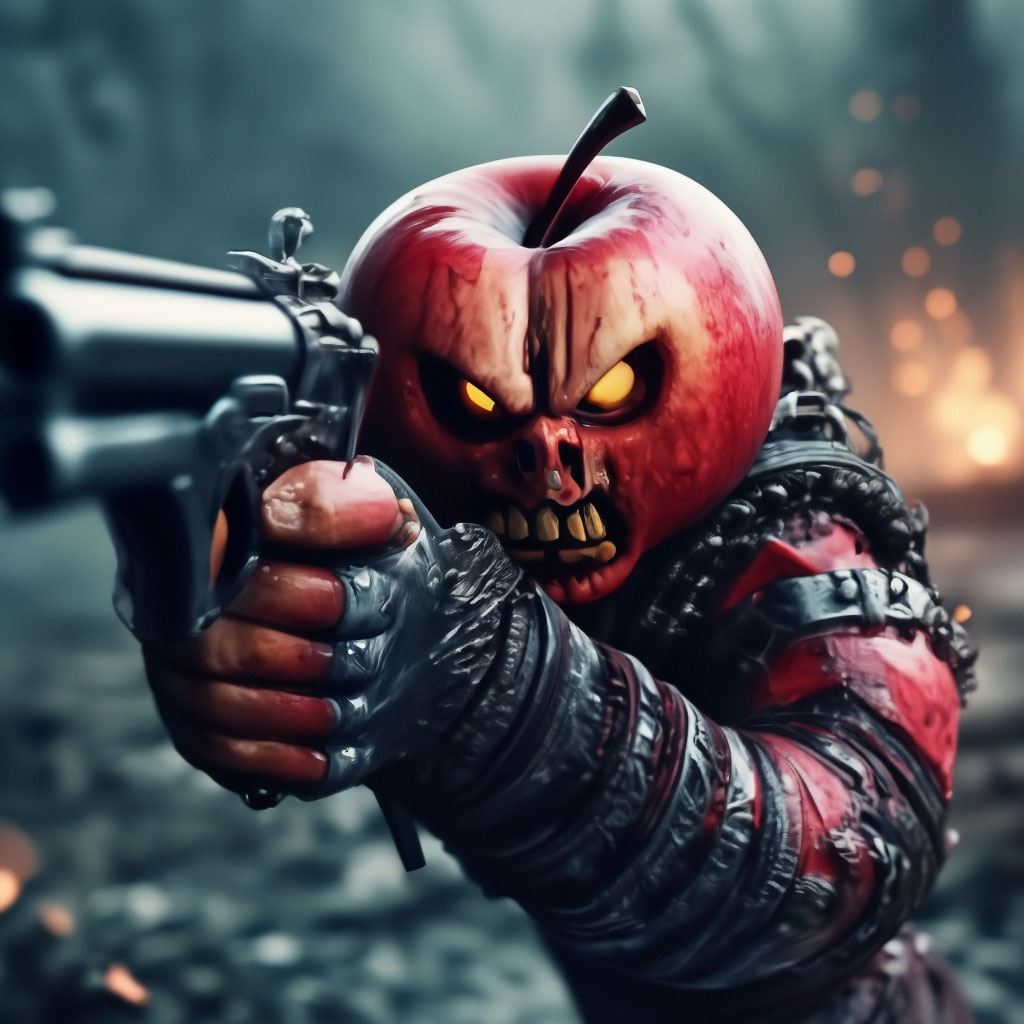 "Scary apple with a gun" — image created in Shedevrum