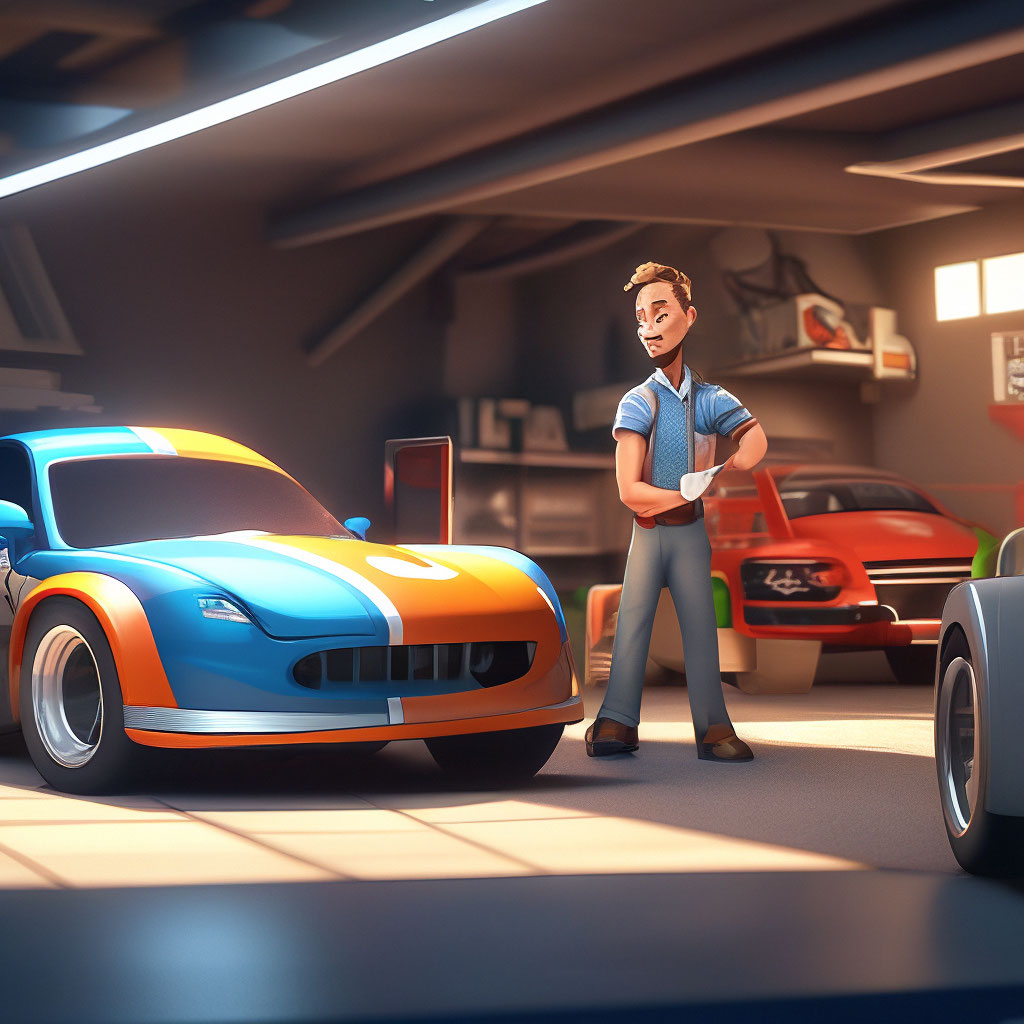 "#842. Cartoon character, in a modern garage, cartoon, cartoon, comic ...