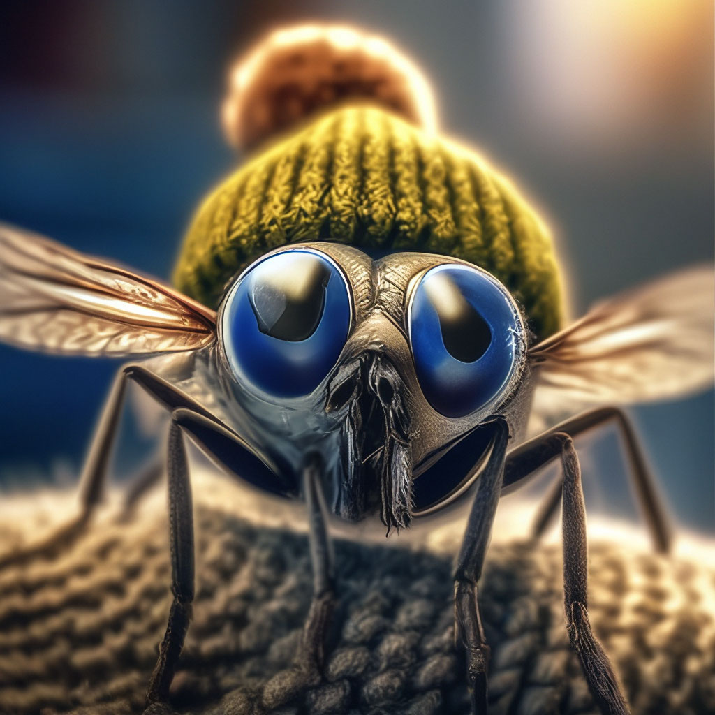 "Creep funny bug-eyed fly, in a knitted hat with a pampon, sitting ...