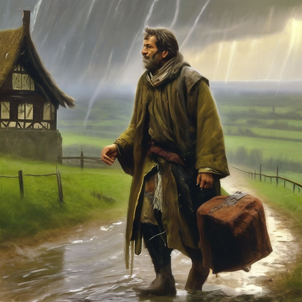 "A wandering musician (50 years old, hunched over, wet, worn out cloak ...