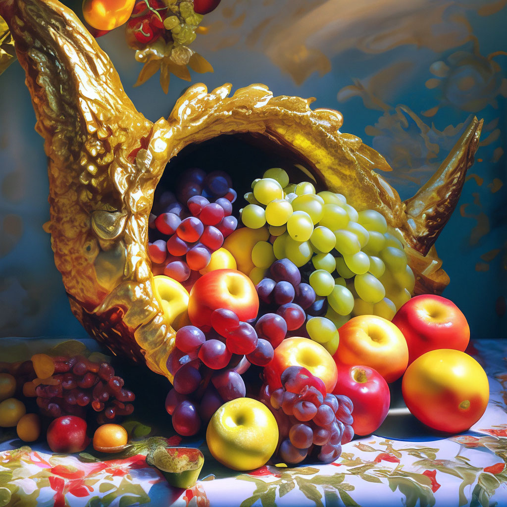 "Golden decorated with ornaments cornucopia with realistic fresh fruit ...