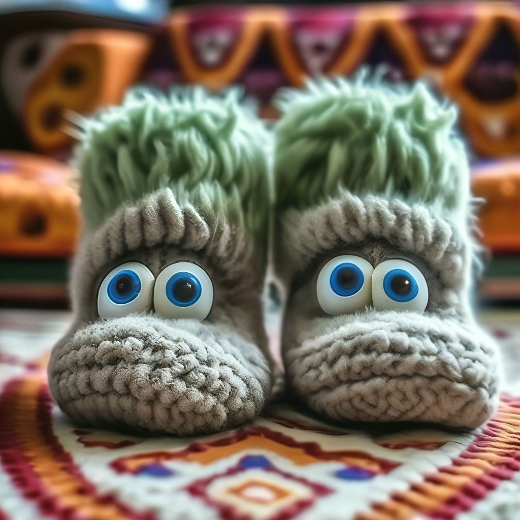 "Creep knitted funny slippers with fur, stand on a rug, funny eyes ...