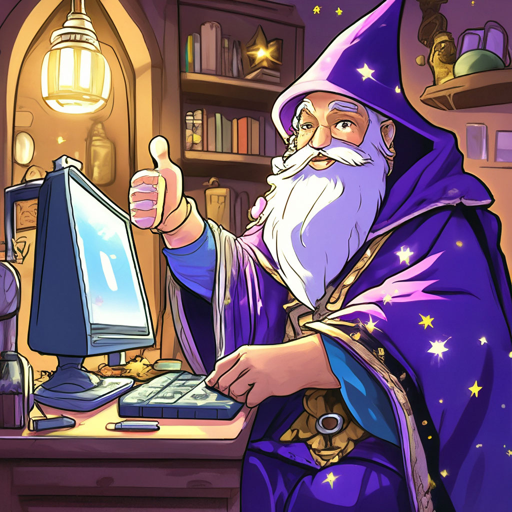 "@skolopublic The bearded Wizard Alvericus in a purple robe with white ...