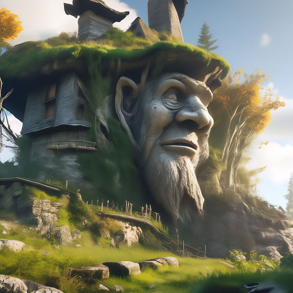 "The face of an old troll, made of ancient weathered rock covered with ...