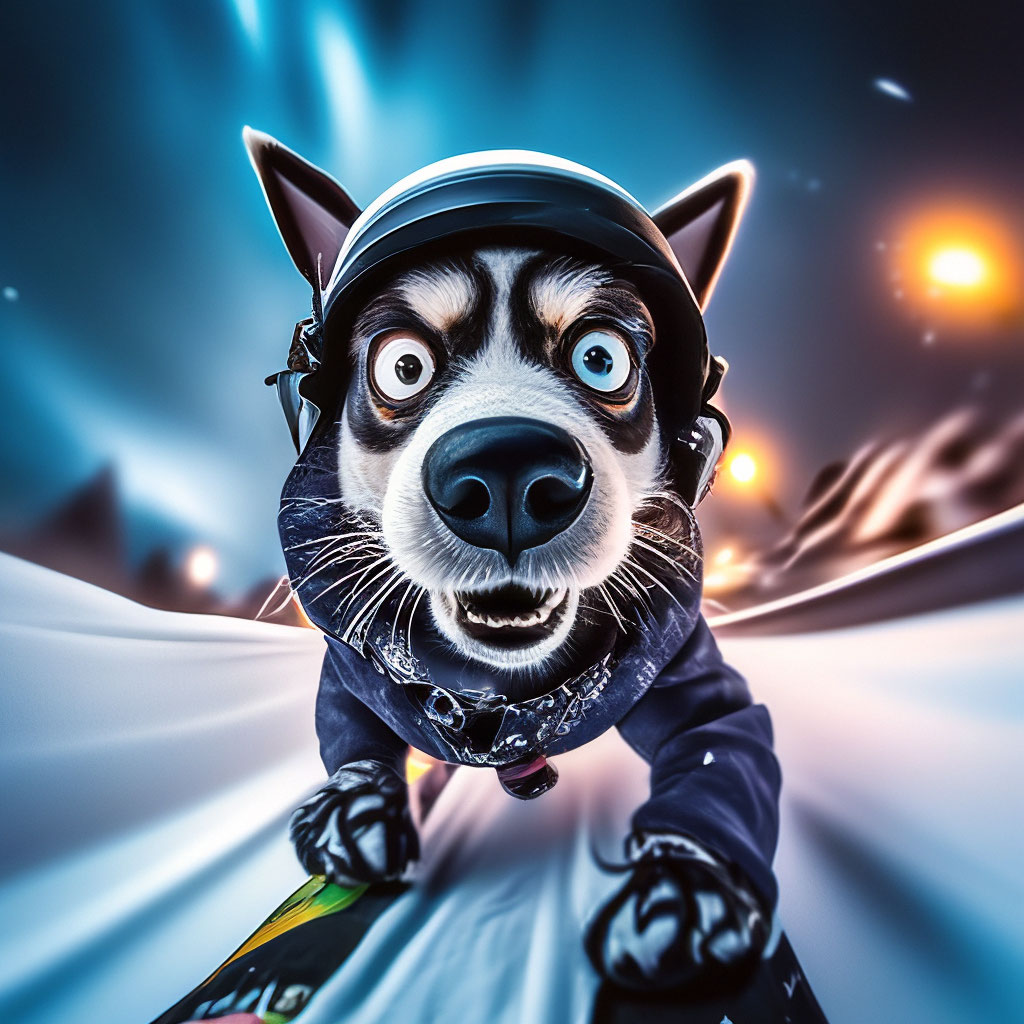 "Creep dog gothic, snowboarding, speed, snow splashes, funny eyes ...